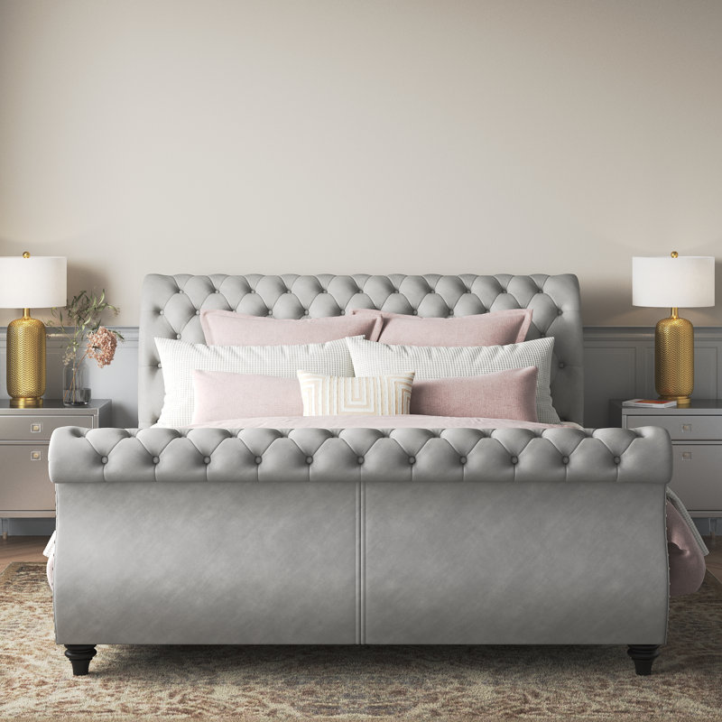 Rosdorf Park Matos Grey Velvet Upholstered Button Tufted Sleigh Bed
